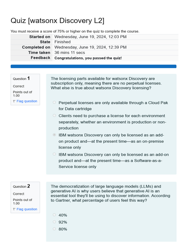 Quiz (Watsonx Discovery L2) - Attempt Review | PDF | Databases | Information Retrieval