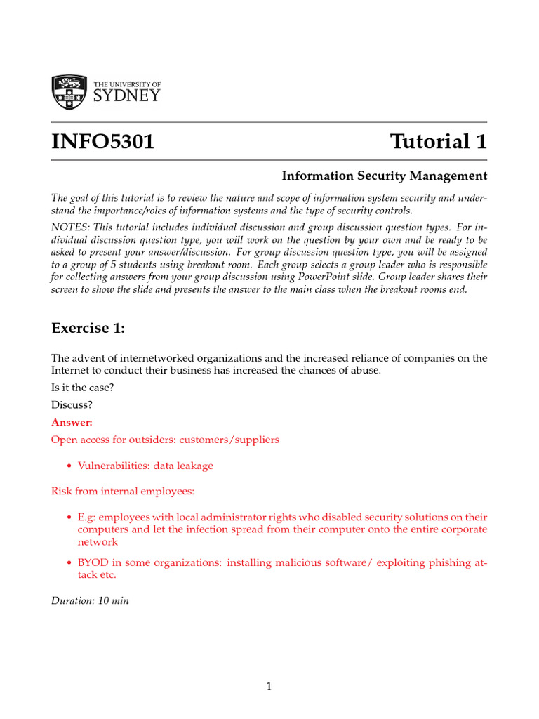 INFO5301 Tutorial 1 Answers PDF | PDF | Security | Computer Security