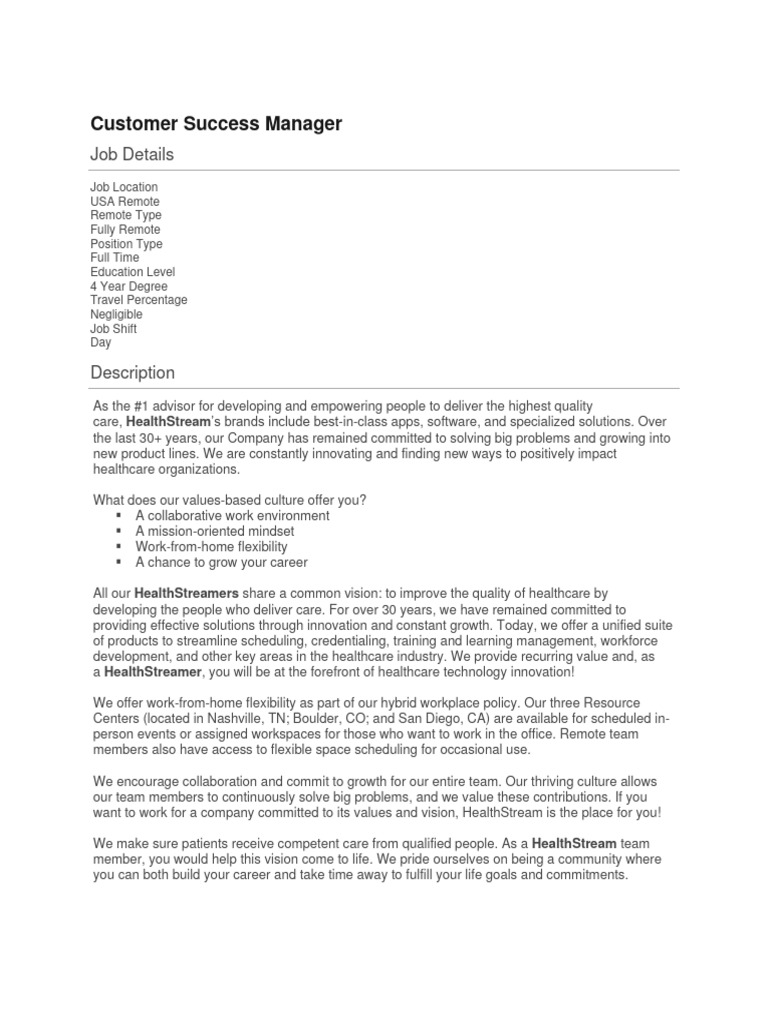Remote Customer Success Manager Job | PDF | Goal | Insurance