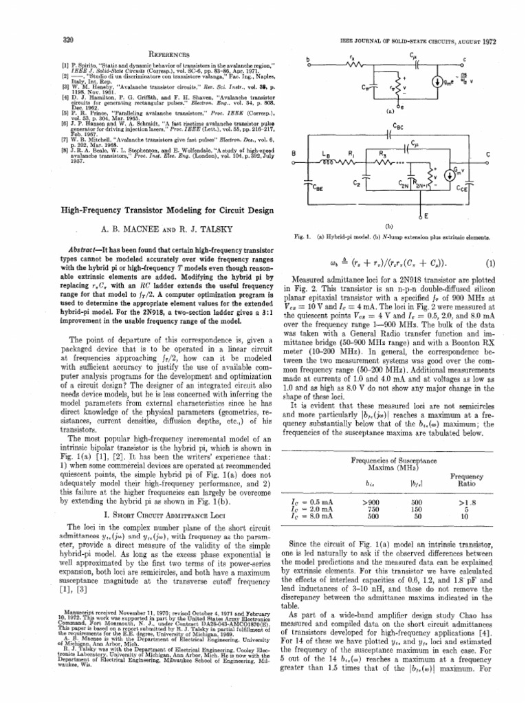 High Frequency Transistor Modeling For Circuit Design P Macnee Talsky 1972 Pdf Transistor