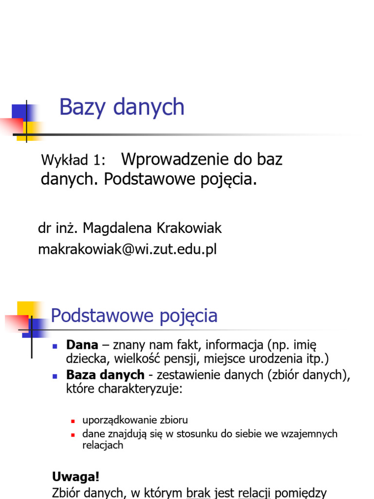Bazy Danych 1 - Wprowadzenie ZUT | PDF
