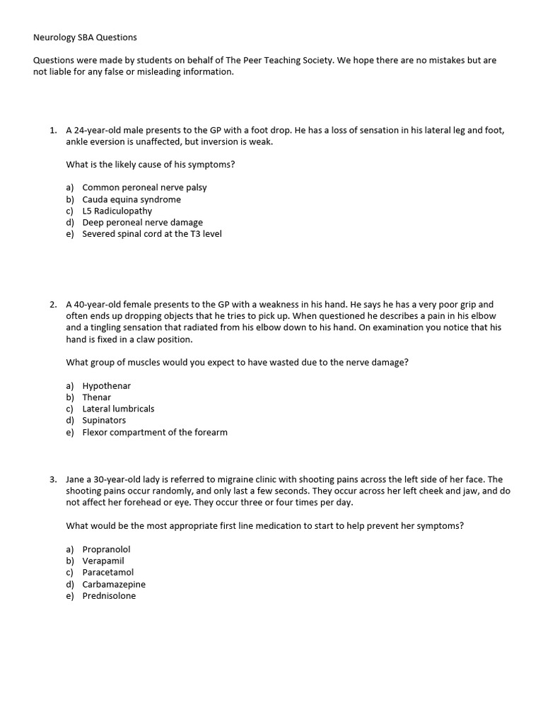 2a Neurology Sba Questions | PDF | Dementia | Neuromuscular Junction