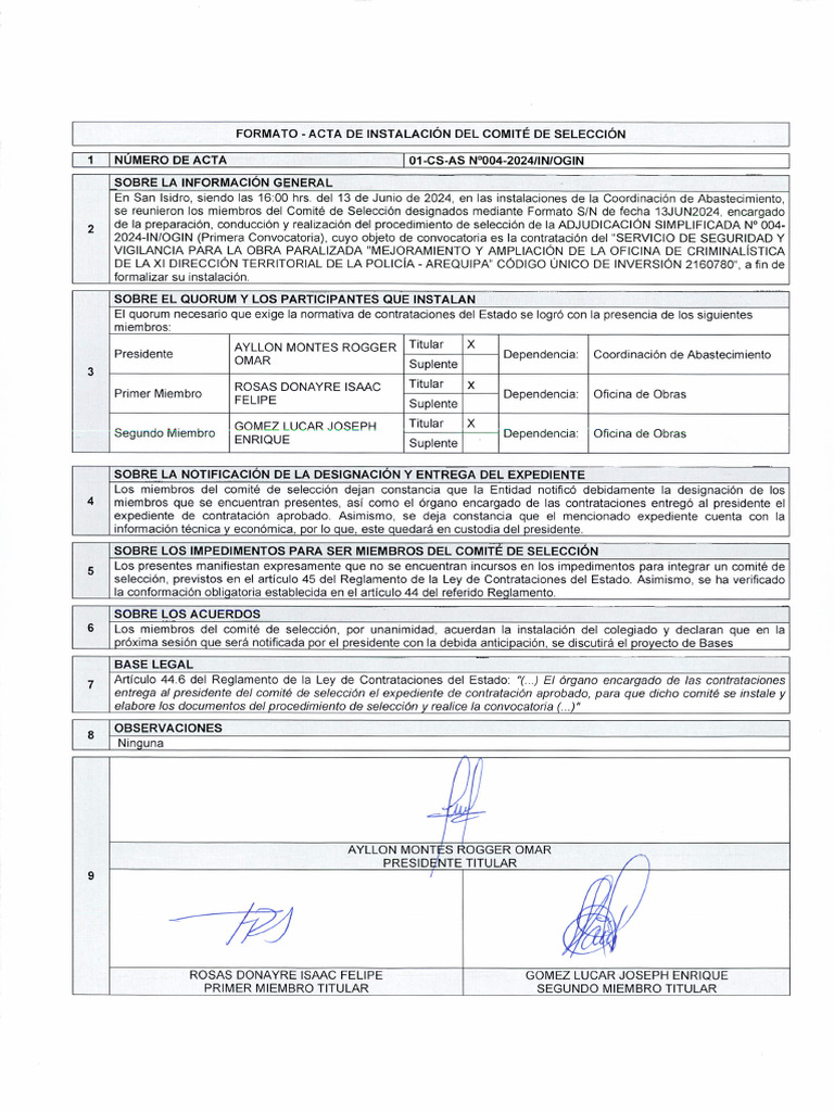 Formato Acta de Instalacion de Comite de Selección | PDF