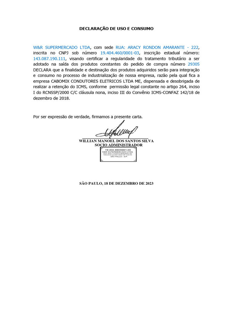 MODELO DE DECLARAÇÃO DE USO E CONSUMO | PDF