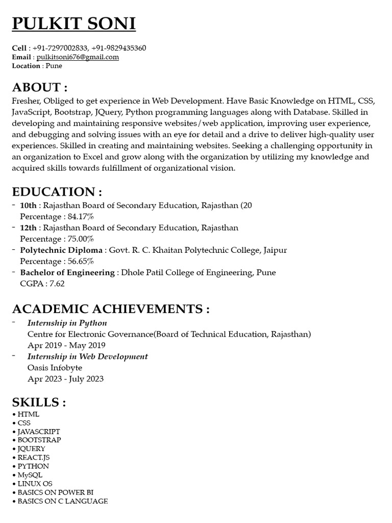 Resume PULKIT SONI | PDF | Computers