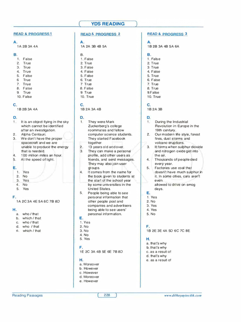 YDS Reading - Answer Key - 1-6 | PDF