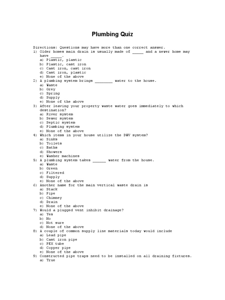 Plumbing Study Quiz | PDF | Plumbing | Equipment