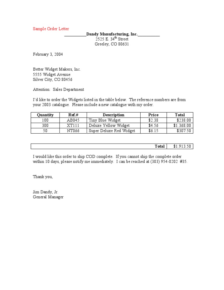 Sample Order Letter for Widgets | PDF | Home & Garden | Computers