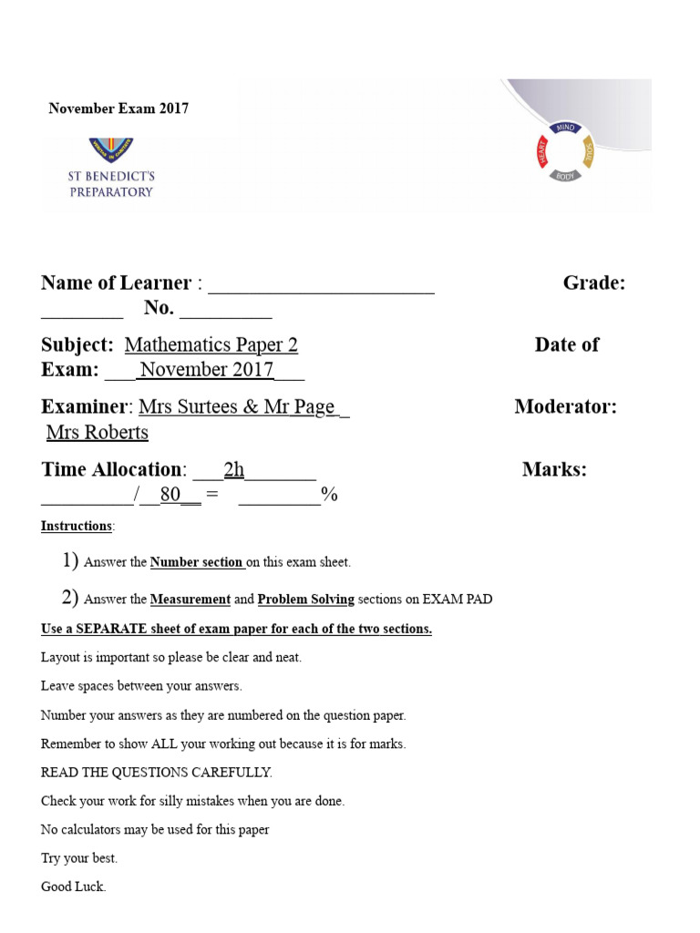 Grade 12 Maths Paper 2 Nov 2017 | PDF | Division (Mathematics)