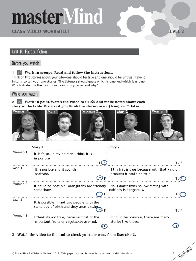 Mastermind 2 Unit 10 Class Video Worksheet-1 | PDF | Lie