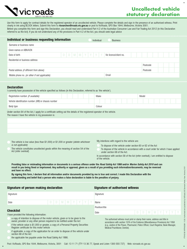 Uncollected - Vehicle - Statutory Declaration | PDF | Perjury | Justice