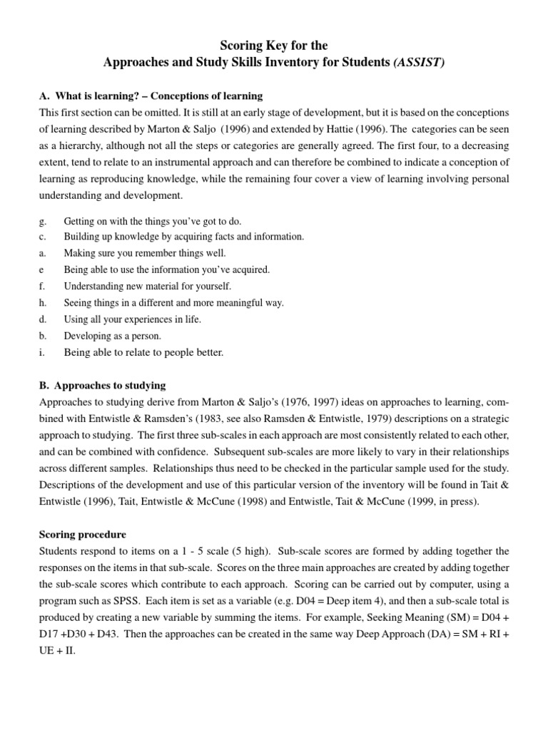 ASSIST Scoring Key For The Approaches and Study Skills Inventory For ...