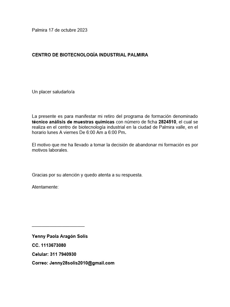 Carta de Retiro Voluntario SENA | PDF