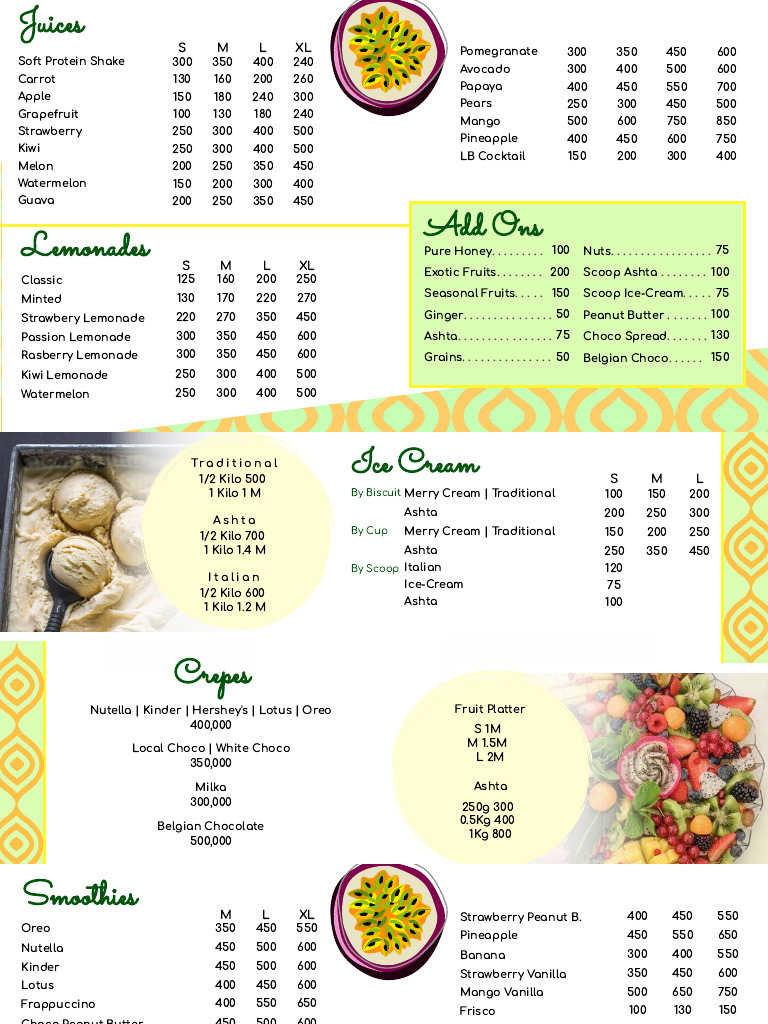 Juices, Shakes, and Smoothies Menu | PDF | Lemonade | Foods