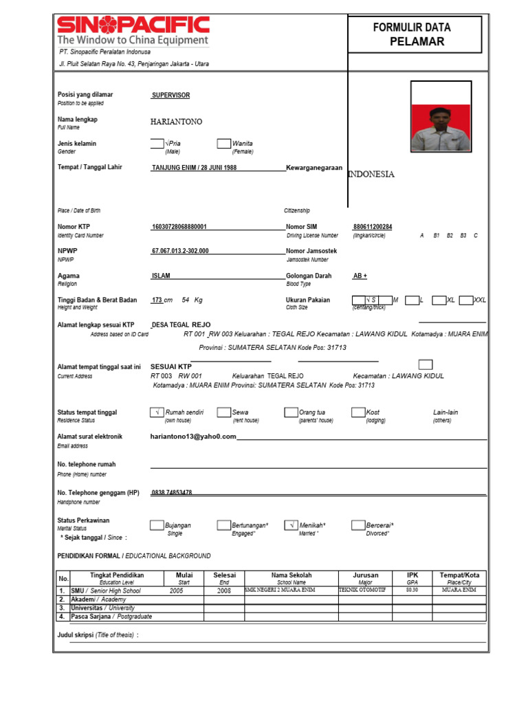 Formulir Data Pelamar SINO 081156 | PDF