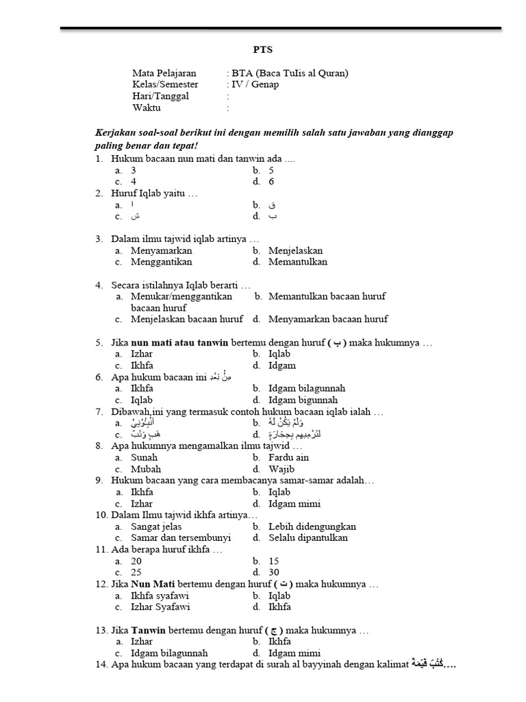 Soal BTA Kelas 4 | PDF