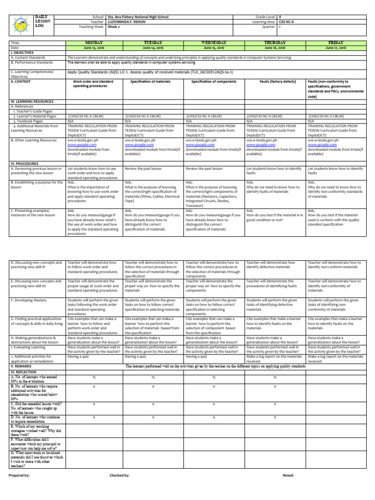 DLL CSS Grade8 | PDF | Learning | Teachers