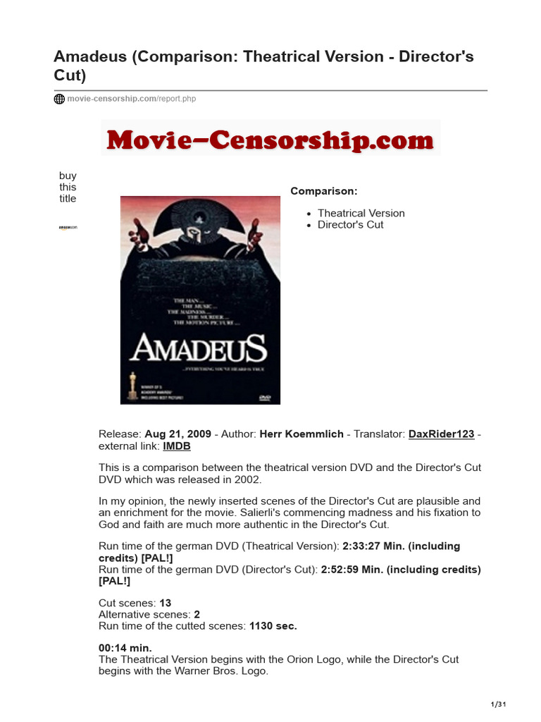 Amadeus: Theatrical vs. Director's Cut | PDF | Mystery, Thriller ...