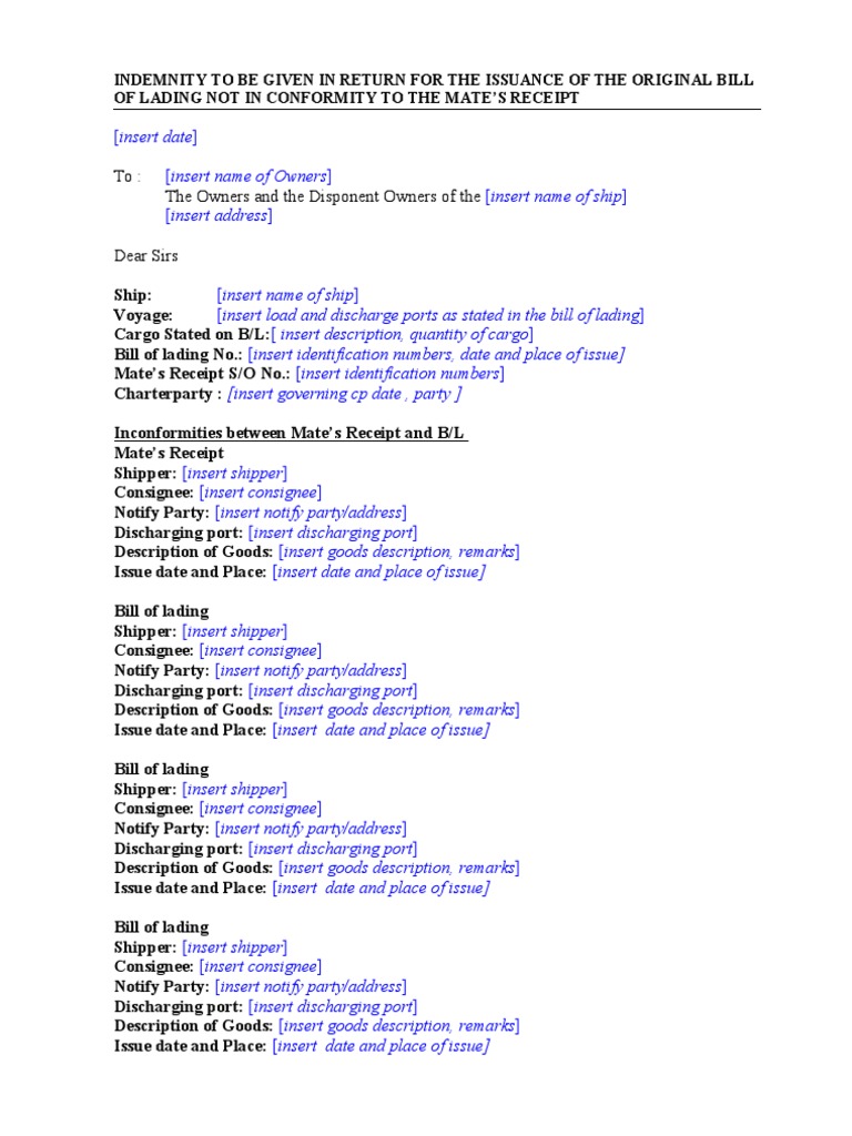 BL Not in Conformity in Mate's Receipt (Cargo, Consignee, Disch Port ...