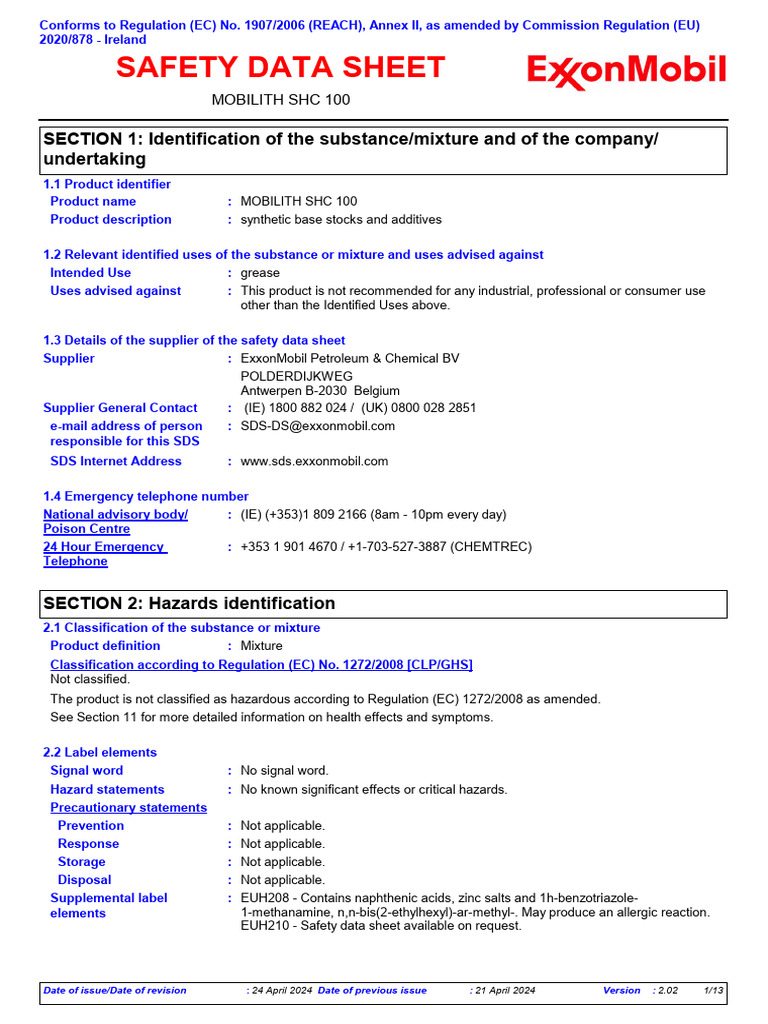 Mobilith SHC 100 Safety Data Sheet | PDF | Toxicity | Waste
