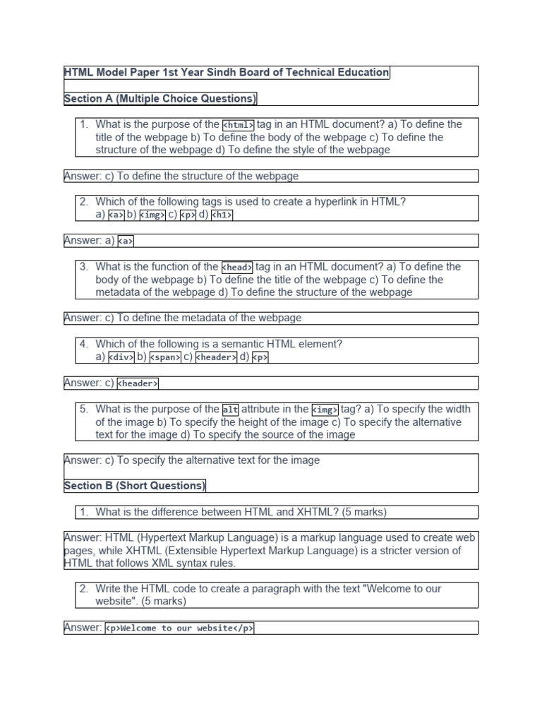 HTML Model Paper 1st Year Sindh Board of Technical Education | PDF ...