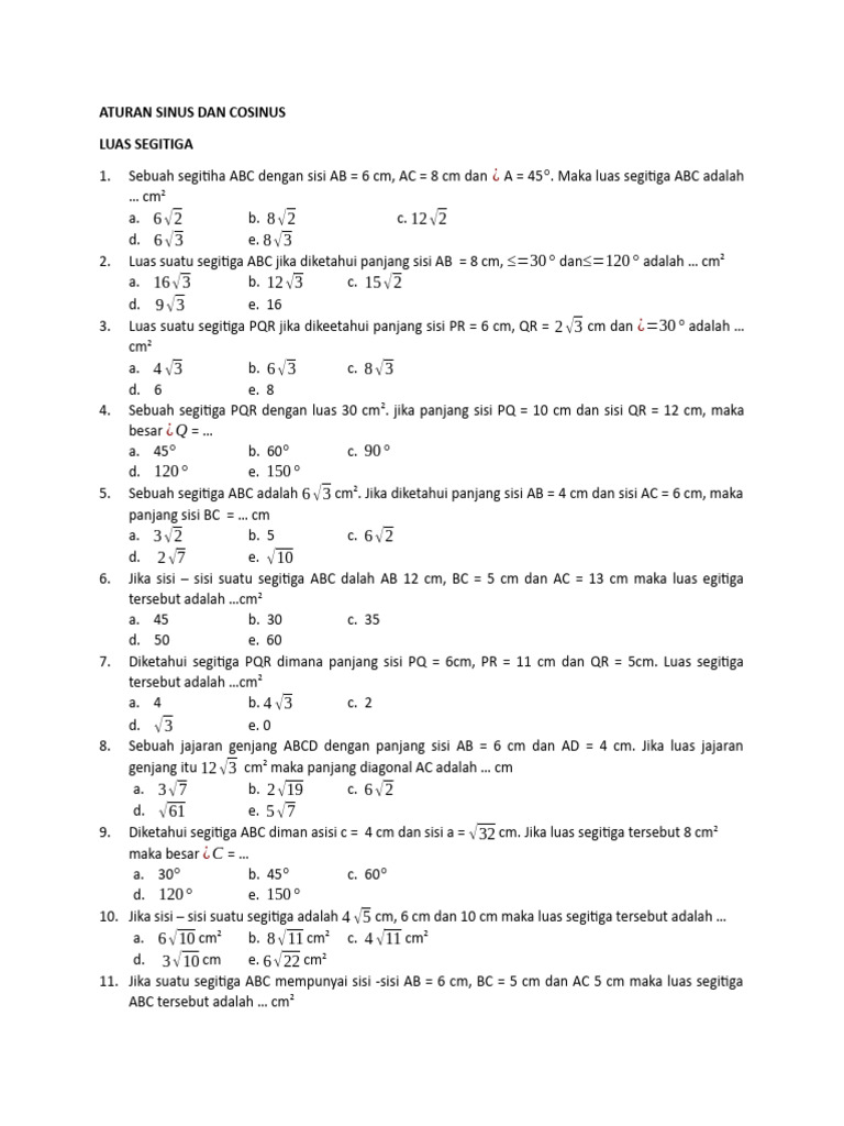 SOAL 14 ATURAN SINUS DAN COSINUS_LUAS SEGITIGA | PDF