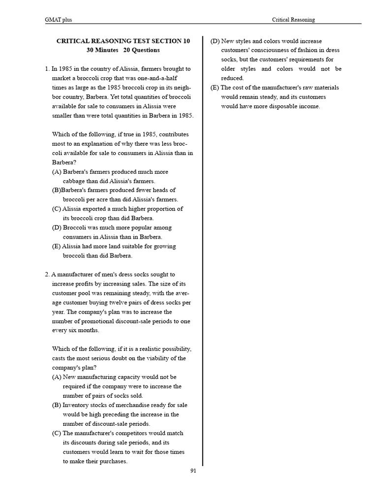 Critical Reasoning Test Section 10 30 Minutes 20 Questions | PDF ...