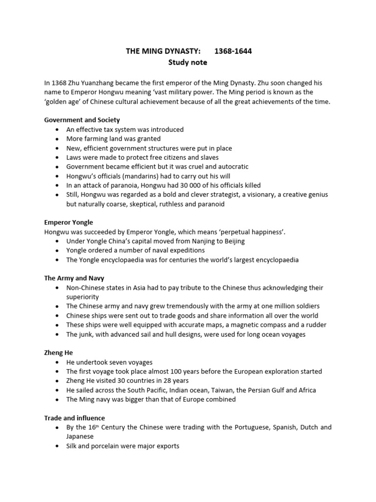 THE MING DYNASTY Summamry Note | PDF | China | World Politics