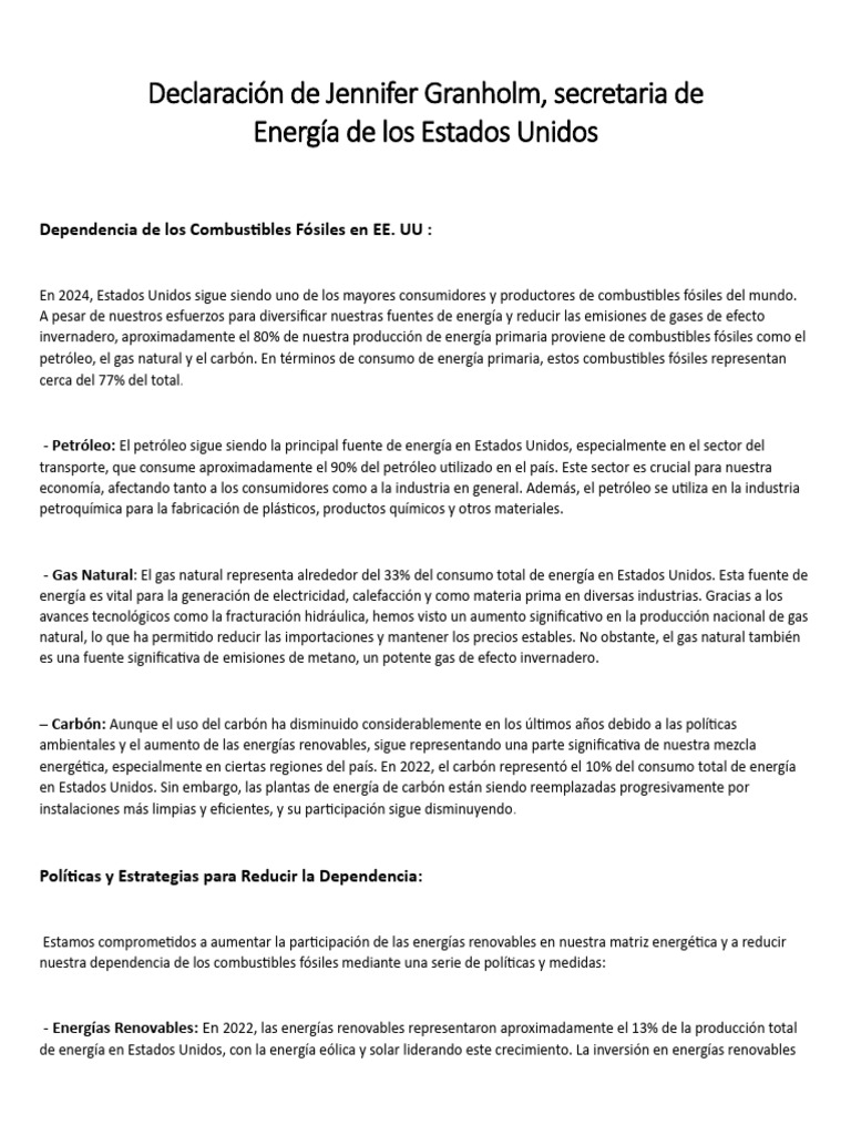 Declaración de Jennifer Granholm | Descargar gratis PDF | Combustibles ... Declaración de Jennifer Granholm | Descargar gratis PDF | Combustibles ...