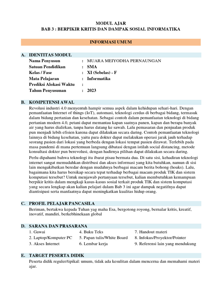 Informatika Bab 3 - Berpikir Kritis Dan Dampak Sosial Informatika | PDF