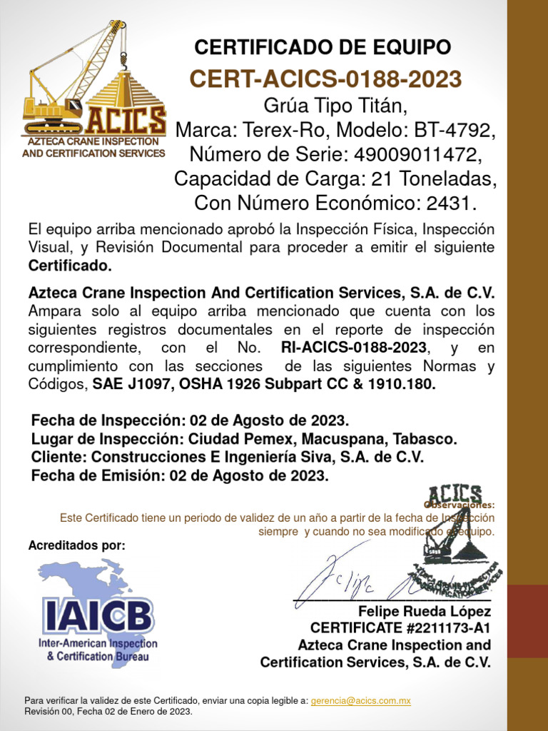 Certificación de Grúa Terex-Ro BT-4792 | PDF | Grúa (máquina) | Vehículos
