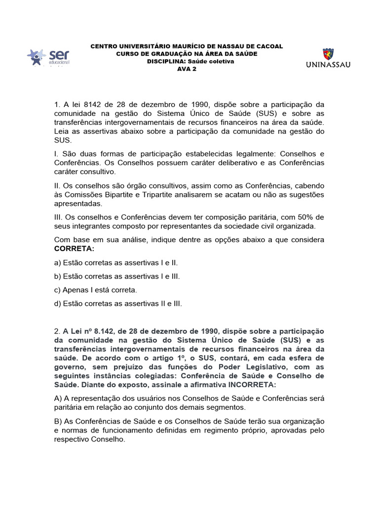 Exercicios Lei 8142 Ava2222222 | PDF | Ministério (departamento governamental) | Conselho de ...