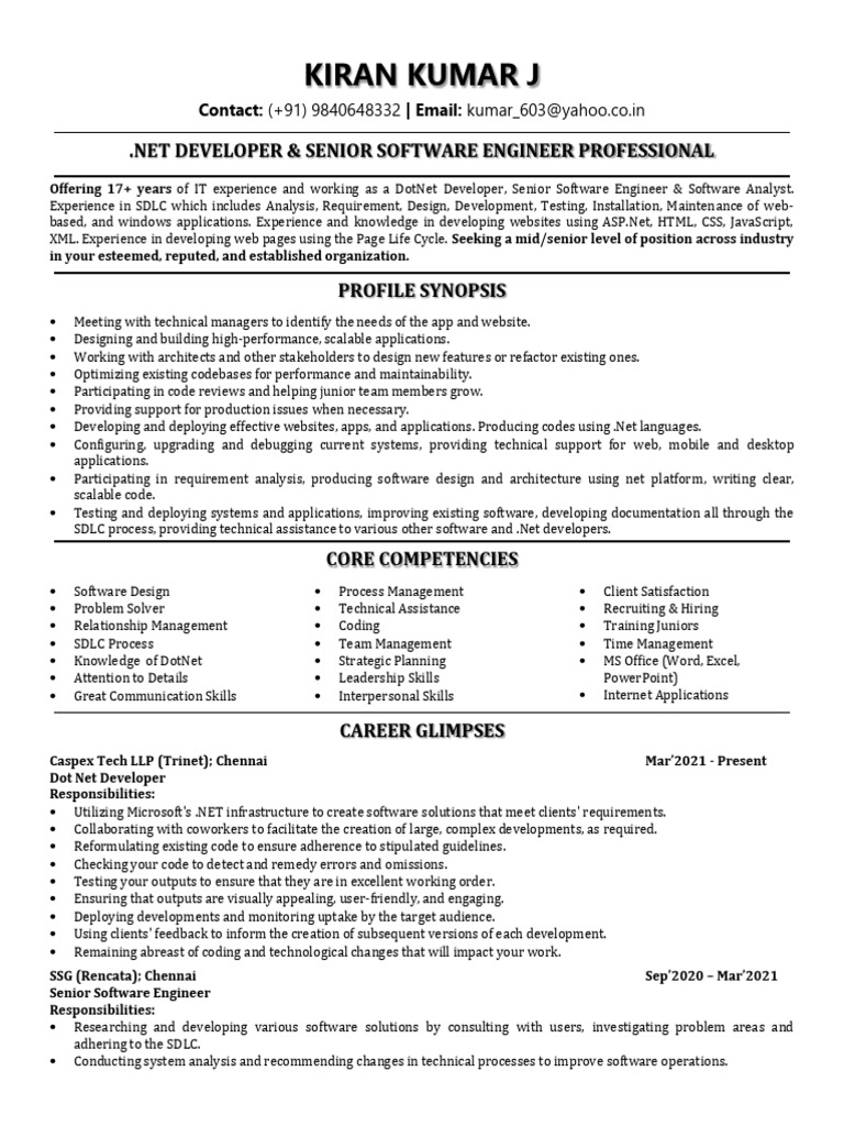Kiran Kumar J - .Net Developer & Senior Software Engineer | PDF | Application Software | World ...