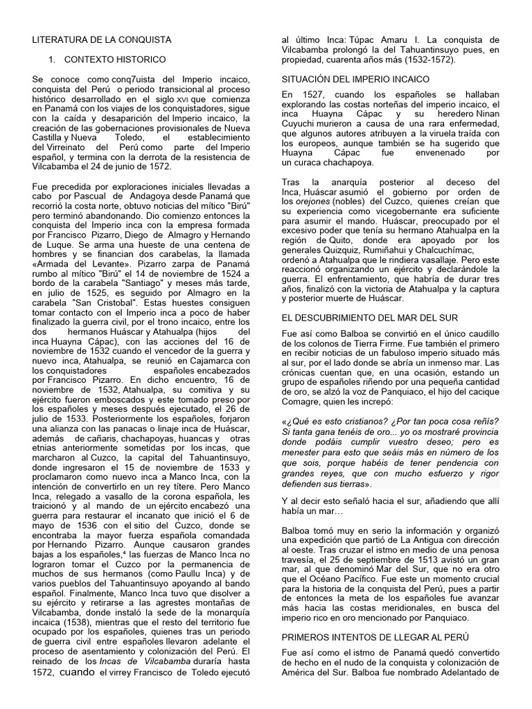 Literatura de La Conquista-Contexto Historico | PDF | Francisco Pizarro | Imperio Inca
