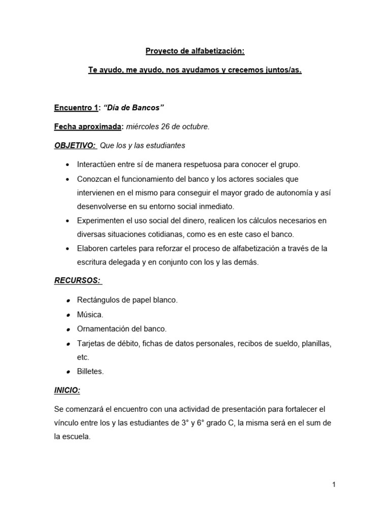 CLASES Proyecto de Alfabetización | PDF | Bancos | Supermercado