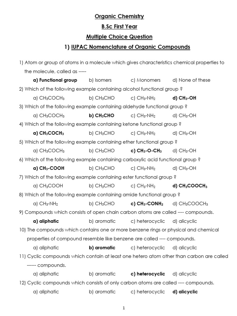 Organic Chemistry B.SC First Year Multiple Choice Question 1) IUPAC ...