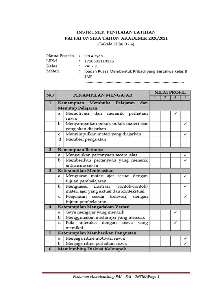 Format Penilaian Microteaching-1 | PDF