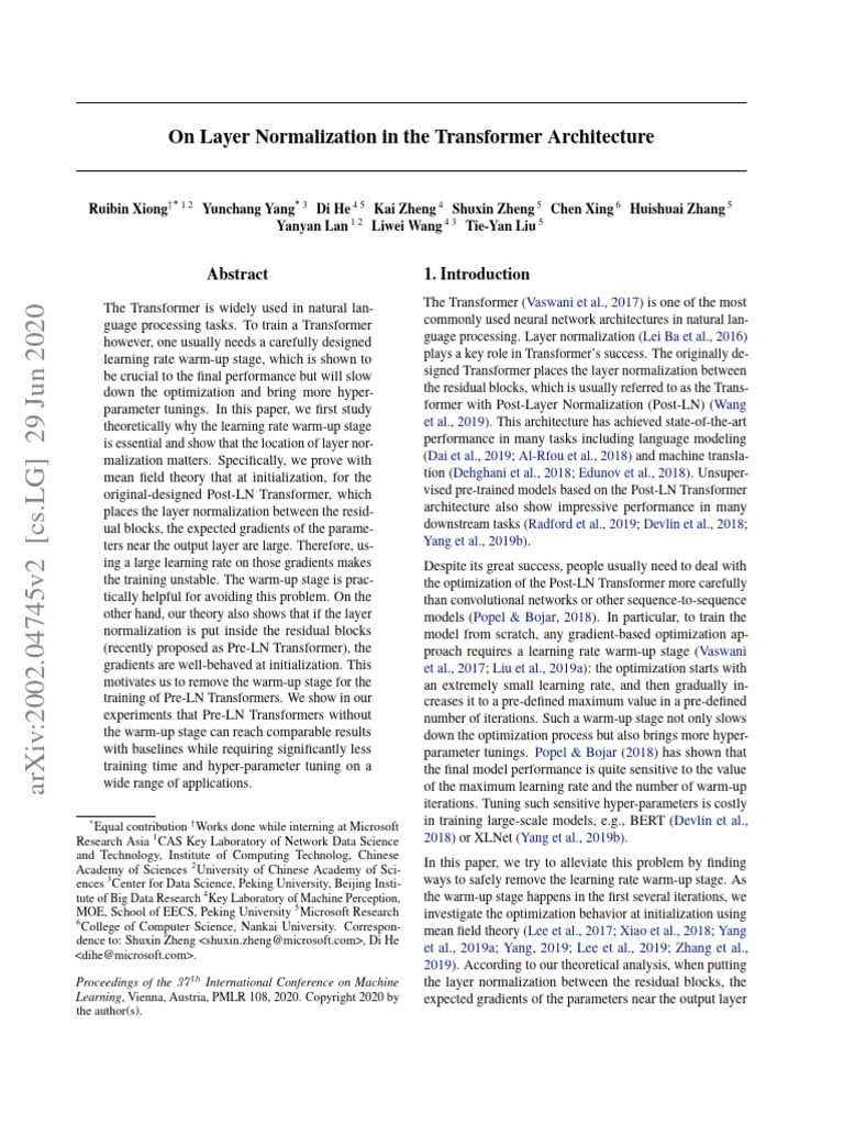 (2020129) On Layer Normalization in The Transformer Architecture | PDF ...