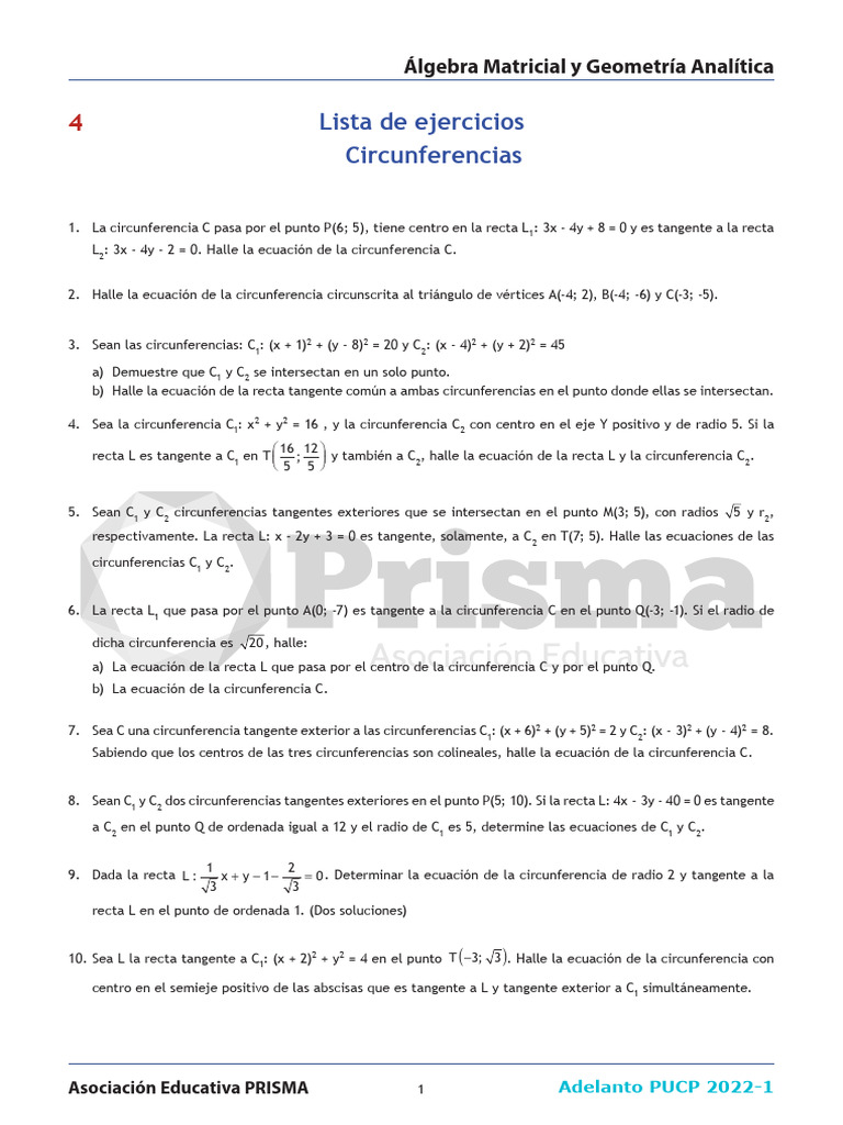 Lista 4 - Circunferencias | Descargar gratis PDF | Tangente | Línea (geometría)