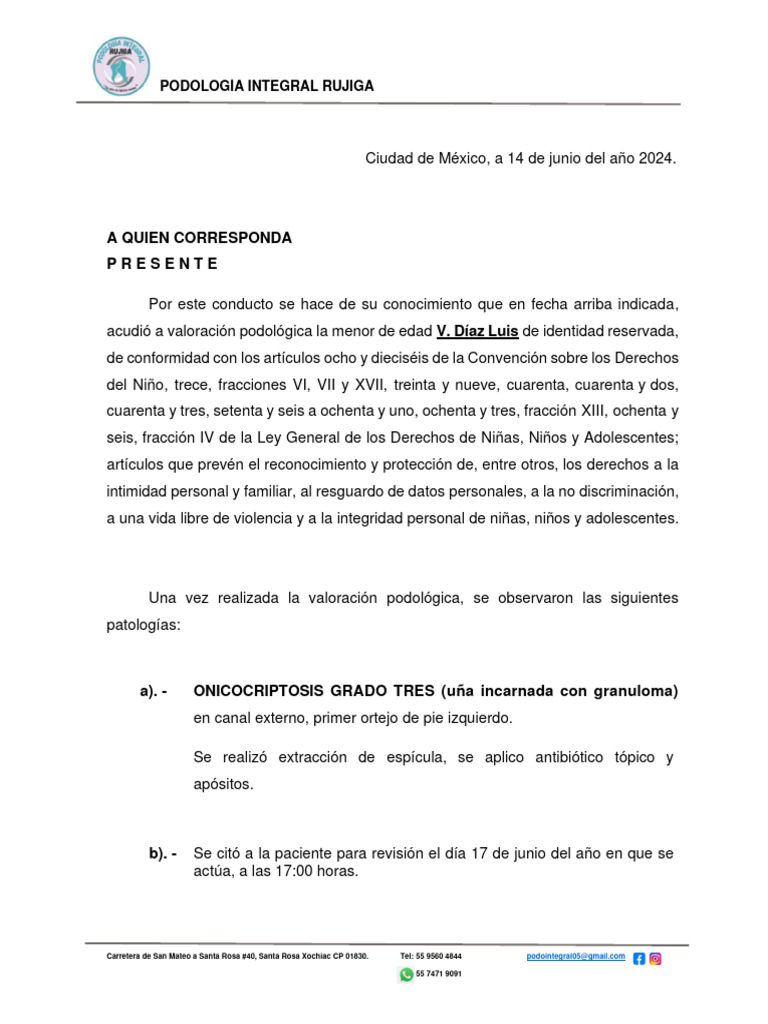 Consultorio Constancia de Valoración y Atención Podologica Menor ...