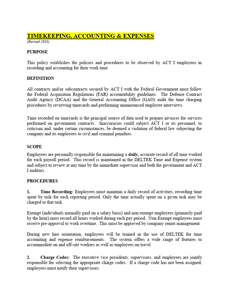 ACT I Timekeeping and Expense Policy v81 | PDF | Government | Business