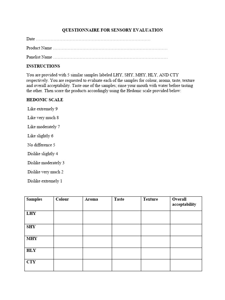 Questionnaire For Sensory Evaluation Dera | PDF | Self-Improvement