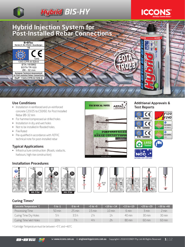 BIS-HY Post-Installed Rebar Connections TDS | PDF | Strength Of Materials | Physical Sciences