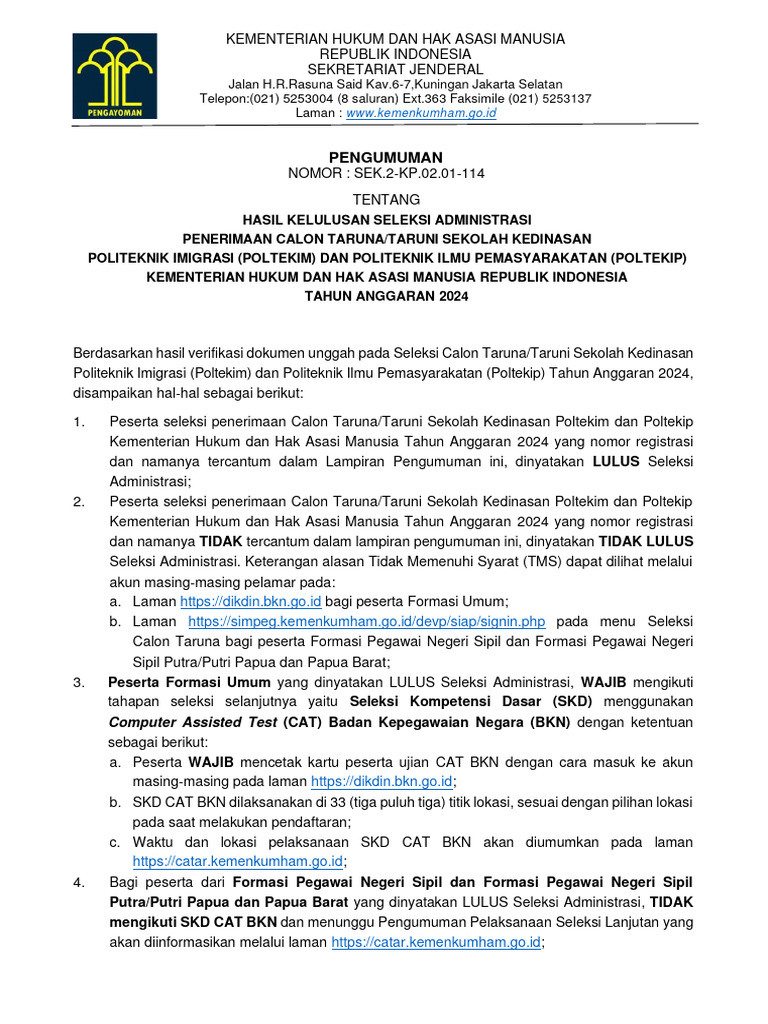 Pengumuman Hasil Kelulusan Administrasi Catar 2024 | PDF