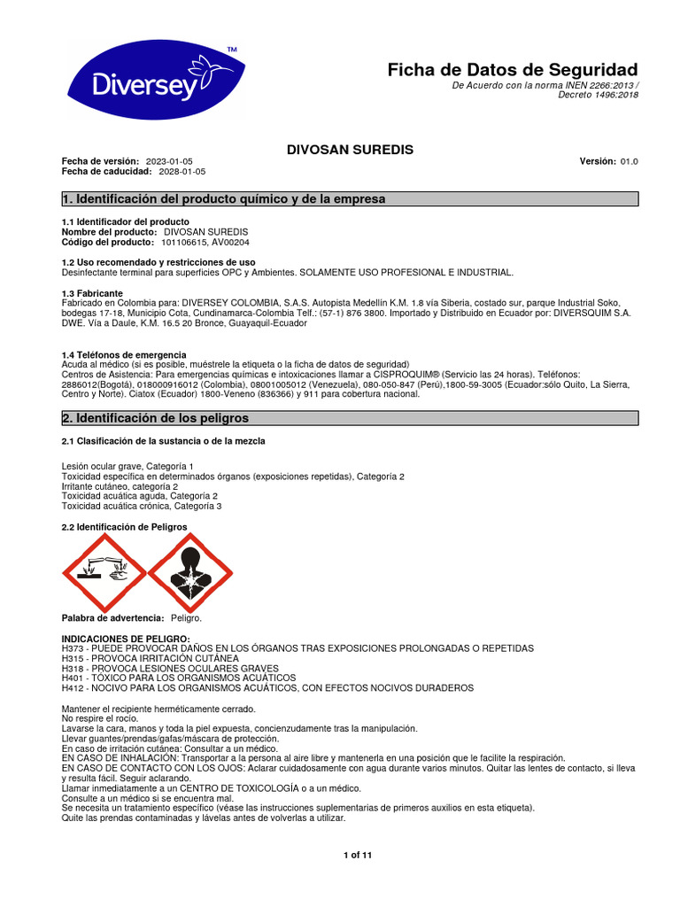 Ficha de Datos de Seguridad Diversey | PDF | Agua | Higiene Ocupacional