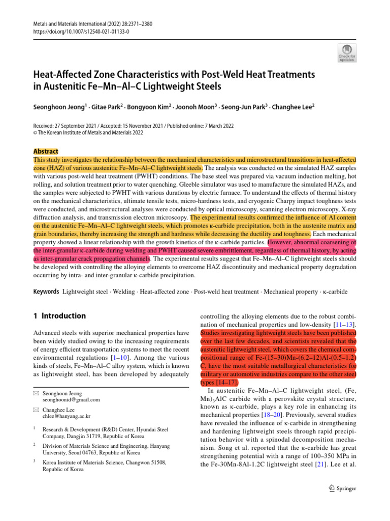 Heat Affected Zone Characteristics With Post Weld Heat Treatments In Austenitic Fe Mn Al C