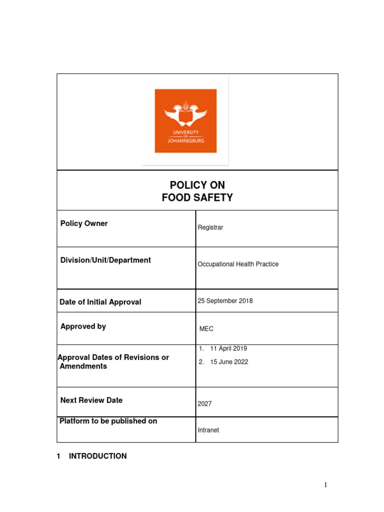 UJ Food Safety Policy Overview | PDF | Food Safety | Occupational ...