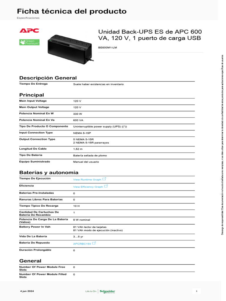 Schneider Electric - BackUPS - BE600M1-LM | PDF | Cantidades fisicas ...