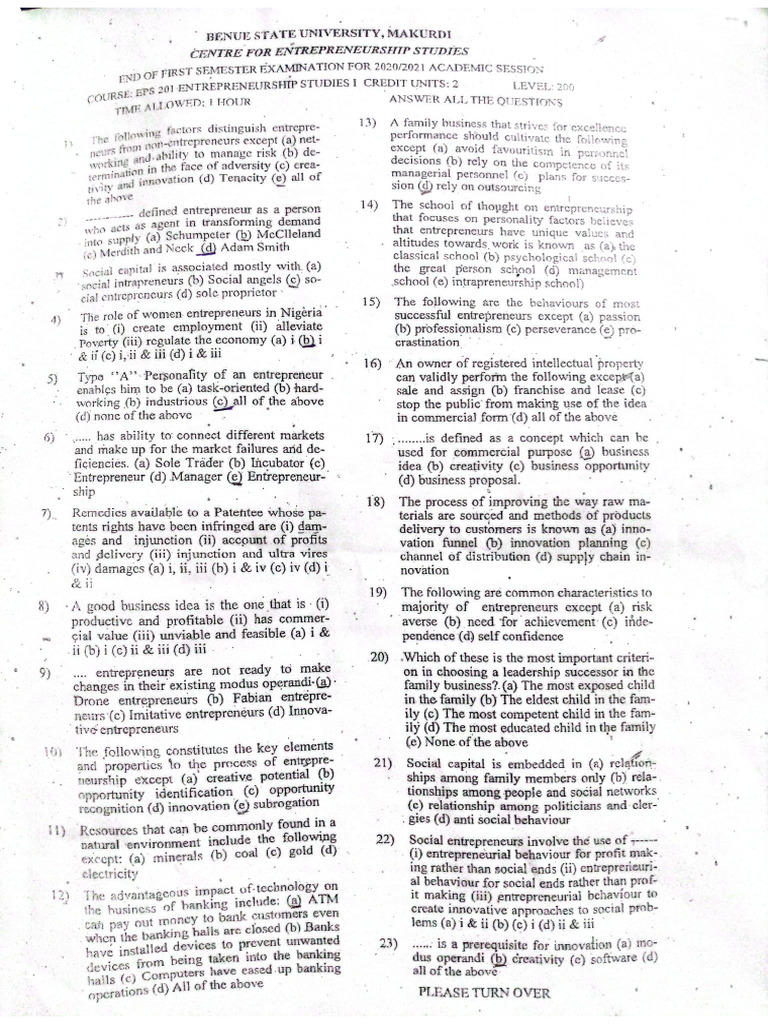 EPS First Semester Past Questions | PDF