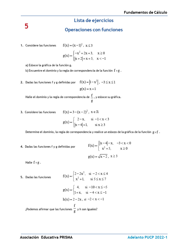 Lista 5 - Operaciones Con Funciones | PDF | Función (Matemáticas) | Análisis matemático